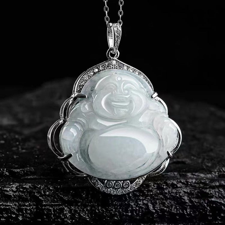 White Jade Buddha Necklace Elegant Green Jade Mantrapiece